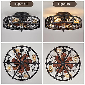 MeZeYo 20" Caged Farmhouse Flush Mount Ceiling Fan with Light and Remote Control Bladeless Low Profile Ceiling Fans with Lights Enclosed Vintage Fan 6 Speed Reversible for Kitchen, Bedroom