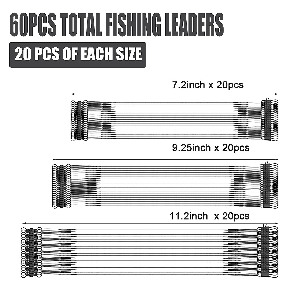KINBOM 60pcs Fishing Tackle Leaders, Stainless Steel Fishing Leader Line Wire with Swivel Buckles for Saltwater & Freshwater Connecting Fishing Tackle Lure or Hook (Black)