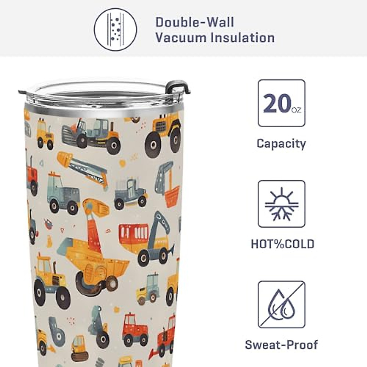 Vintage Cartoon Car Truck Gray Stainless Steel cups with lids reusable Leak-proof Lid and Straw travel coffee mug spill proof for outdoor simply insulated tumbler 20 OZ