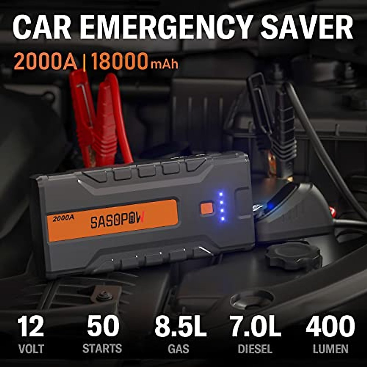 SASOPOW Car Jump Starter, 2000A Peak Battery Starter for 8.5L Gas and 7.0L Diesel Engines, 12V Lithium Jump Box for Vehicles, Battery Booster with USB QC3.0, Jump Pack with Built-in LED Light