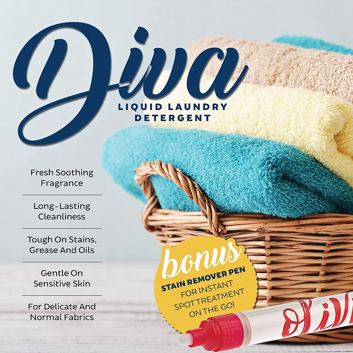 Tyler DIVA Glamorous Wash Laundry Detergent- 1/2 Gallon - With Olivi Stain Remover Pen - Fresh Scented Sachet - Laundry Detergent - For Washing Clothes, Linen, Lingerie, Expensive Fabric, Sheets