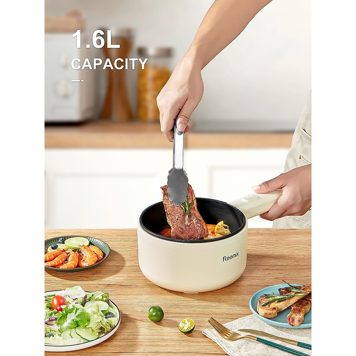 Hot Pot Electric With Steamer, 1.6L Ramen Cooker Non-Stick Sauté Pan for Steak, Egg, Fried Rice, Ramen, Oatmeal, Soup, Portable Personal Perfect Suit Dorm Room and Apartment (White)