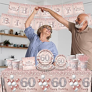 60th Birthday Tableware Decorations for Women, 142Pcs Pink Rose Gold 60th Birthday Supplies Plates and Napkins,Cups,Tablecloth,Happy 60th Birthday Banner for 60 Years Old Birthday Party