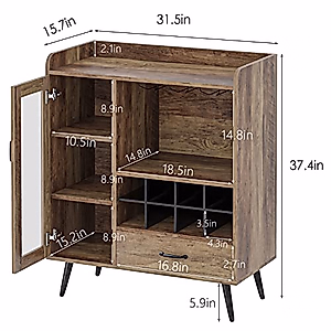 SogesHome Wine Cabinet with 1-Glass Door&Drawer, 3-Tier Storage Cabinet with 8-Wine Cubes, Home Wine Storage Sideboard with Bottle Holder for Entryway, Living Room, Kitchen, Restaurant, Caro Oak