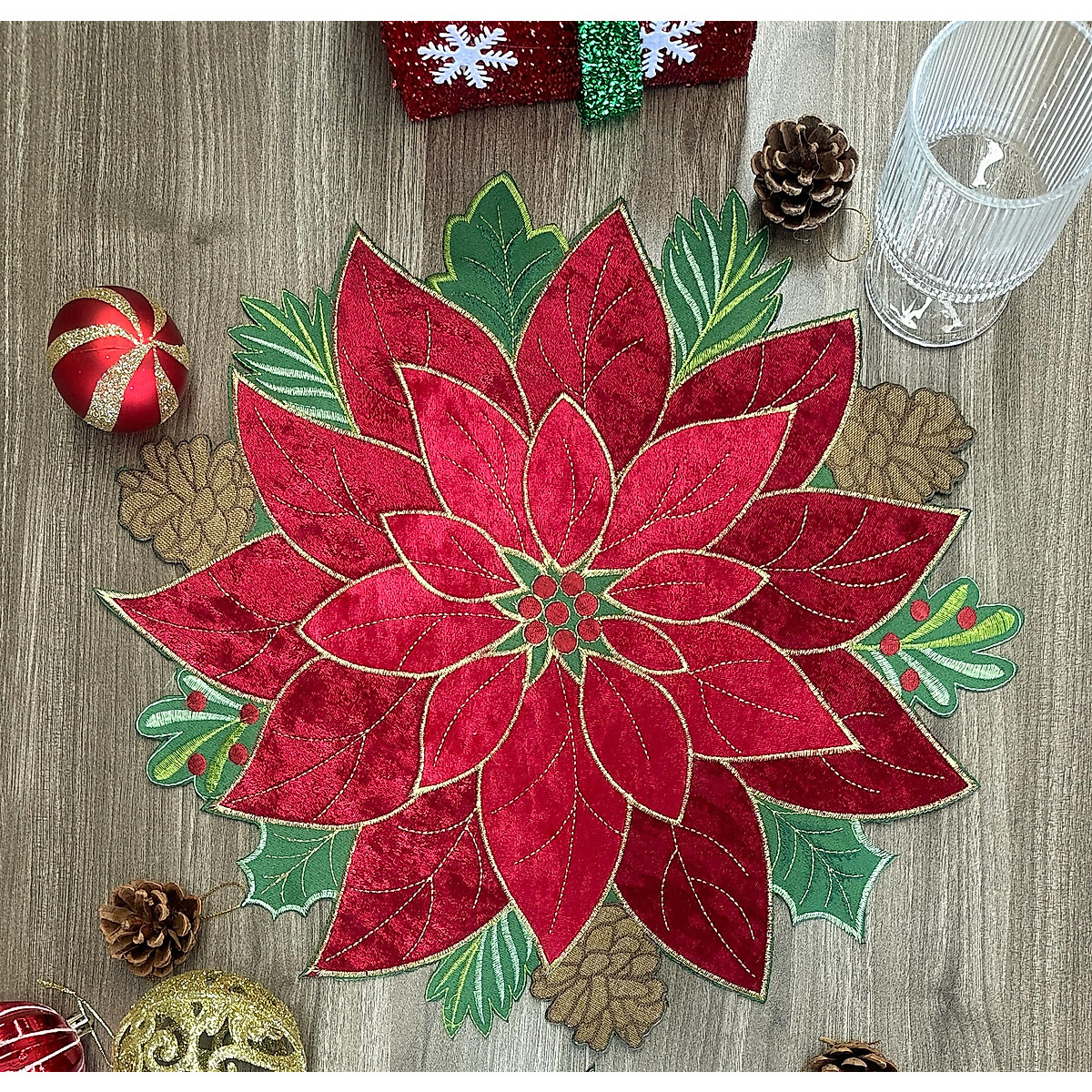 KEVA Holiday Christmas Placemats Set of 4, Embroidered Red Velvet Poinsettia Cutwork Christmas Table Decorations for Home and Kitchen, Red Placemats 16inch Round