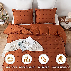 Andency Terracotta Tufted Dot Duvet Cover Queen Size (90x90 inch), 3 Pieces (1 Jacquard Duvet Cover, 2 Pillowcases) All Season Soft Washed Microfiber Duvet Cover Set with Zipper Closure, Corner Ties