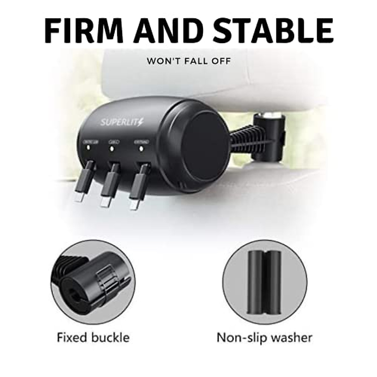 SUPERLIT Multi Car Retractable Backseat 3 in 1 Car Charging Station Box Compatible with All Phones | iPhone | Samsung | Android | Uber Lyft Turo Ride Share Customer Charging Dock Attach to Headrest