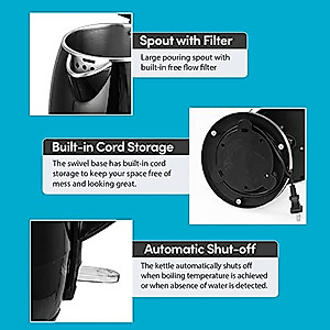 Elite Gourmet EKT1821 1.8L Double Wall Insulated, Cool-Touch Electric Kettle w/Stainless Steel Interior & Lid, 360° Swivel Base for Cord Free Serving, Power On Lever, Auto Shut-Off, Boil Dry, Black