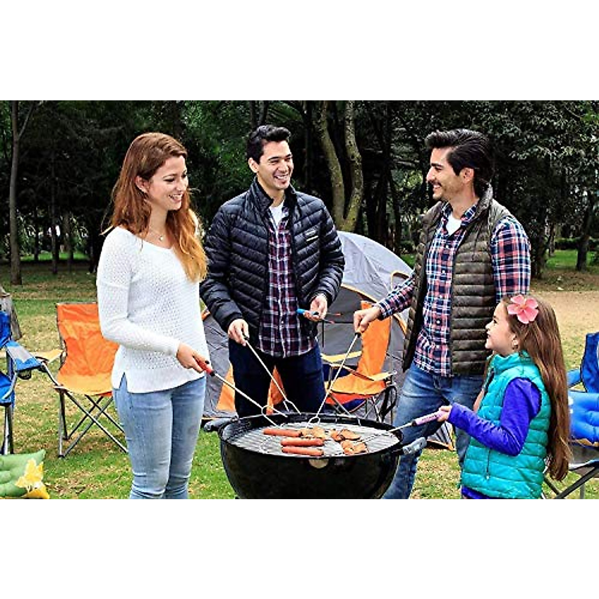 Campester Marshmallow Roasting Sticks with Wooden Handles, Set of 5 Telescopic Smores Skewers for fire Pit, Camping and Grilling, 34 inch extendable Stainless Steel Forks for Hot Dogs and Meat