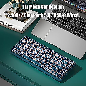 TISHLED Typewriter Keyboard Wireless 2.4GHz/Bluetooth/USB-C Wired Mechanical Gaming Keyboard with Gold LED Backlit 84-Key NKRO Hot Swappable Green Switches Retro Round Keycaps for Multi-Device