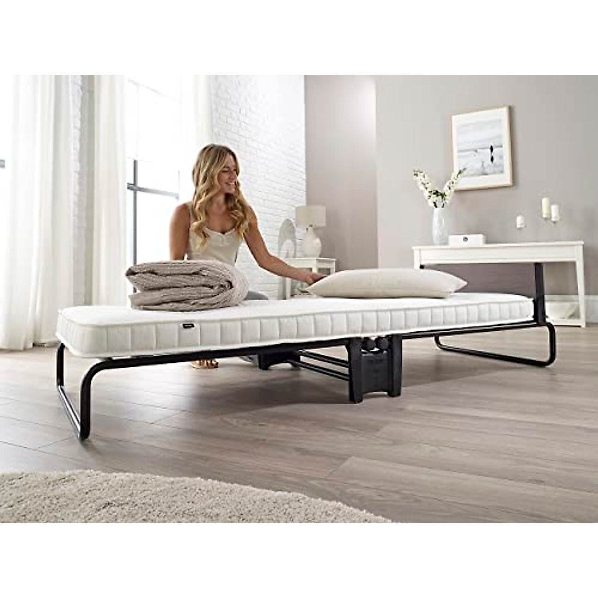 Jay-Be Inspire Cot Folding Bed with Micro e-Pocket Spring Mattress and Headboard, Regular, Black Frame