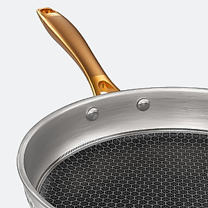 Homaz life 10-Inch Frying Pan, Tri-Ply Stainless Steel Cookware, Induction Ready, Compatible with All Cooktops, Dishwasher Safe, Non-Toxic, Gold-Colored Stay-Cool Handle