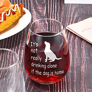 Stemless Wine Glass It's not really drinking alone if the dog is home Funny Wine Cup Best Gift for Dog Lover 15 oz