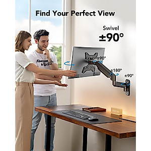 HUANUO Computer Monitor Wall Mount for 22 to 35 inch Flat Curved Screens, Single Wall Mount Monitor Arm Holds up to 26.4lbs, Height Adjustable Full Motion Gas Spring Vesa Wall Mount, Max 200x200mm