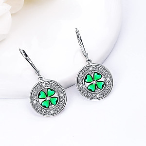 Shamrock Earrings Sterling Silver St Patrick’s Day Earrings Celtic Knot Leverback Earring Four Leaf Clover Earrings Green Irish Jewelry Gifts