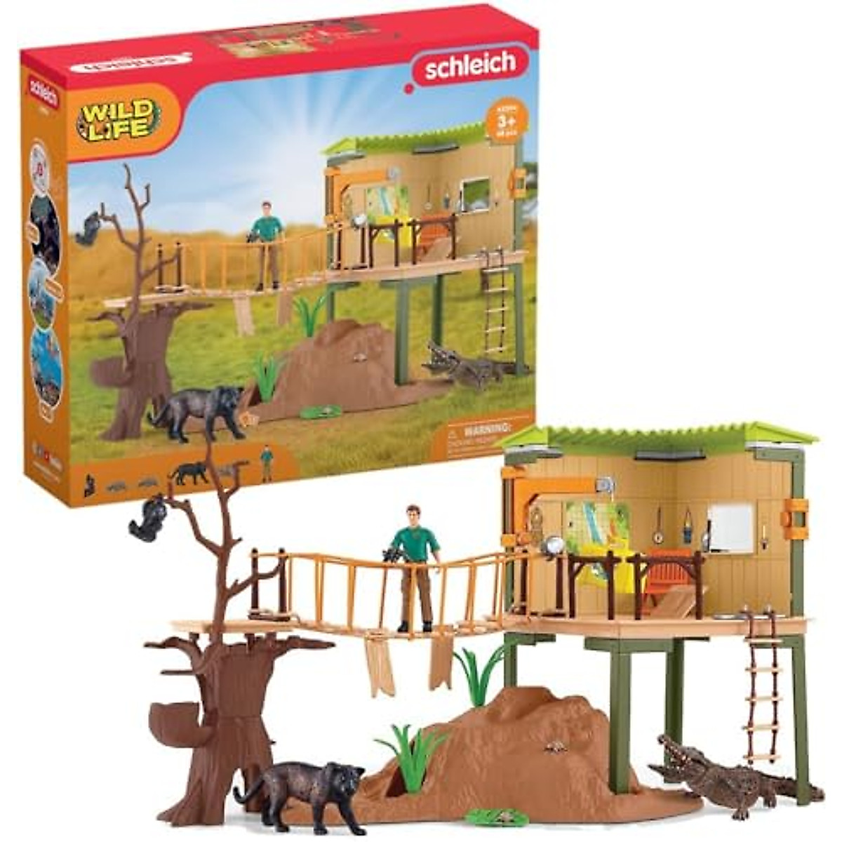 Schleich Wild Safari Ranger Adventure Station Wildlife Action Playset - Safari Animals Tree Toys Playset with Alligator, Panther, Safari Base, Guide Figurine, and More, Gift for Boys and Girls Ages 3+