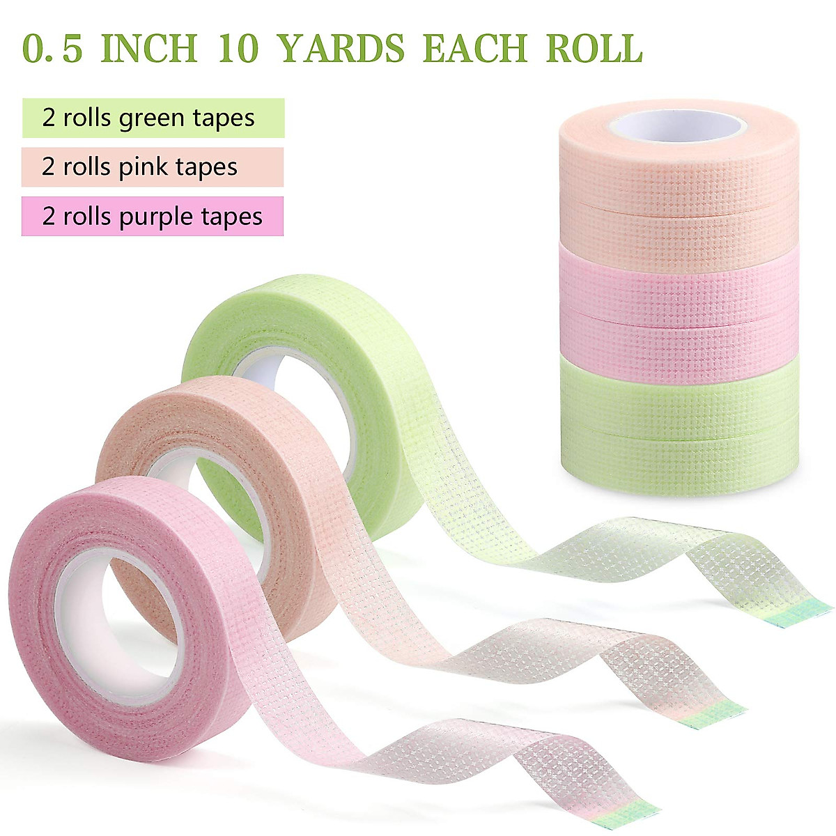 Maitys 6 Roll Lash Tape for Eyelash Extensions with Eyelash Tape Dispenser Cutter Breathable Adhesive Fabric Tape for Eyelash Extension Supplies 0.5 Inch Wide 10 Yard Long (Green, Pink, Purple)