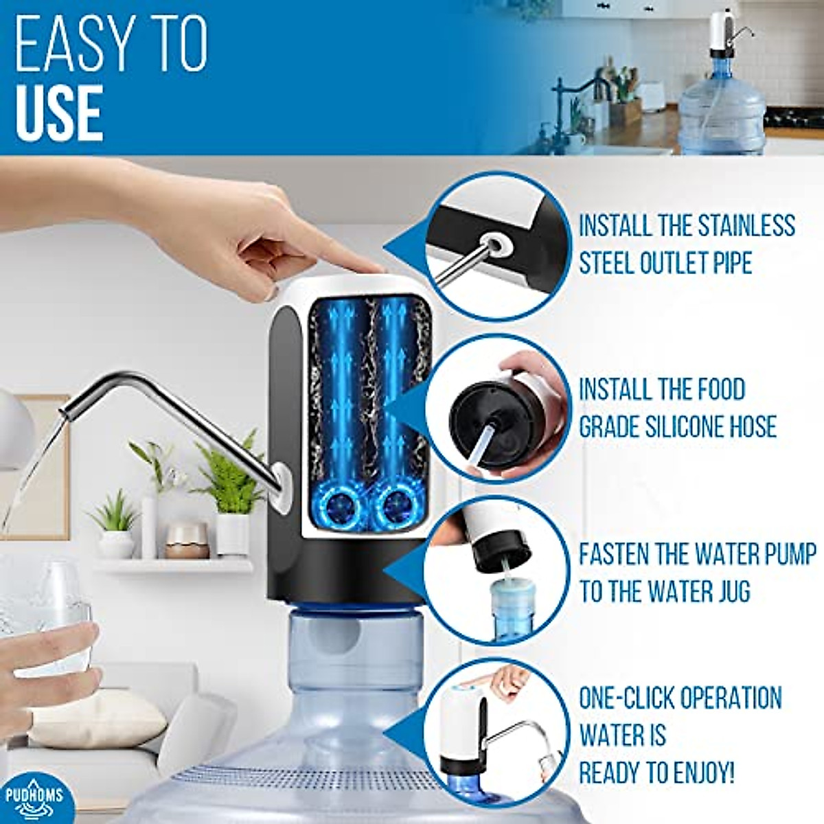 PUDHOMS 5 Gallon Water Dispenser - USB Charging Universal Fit Water Bottle Pump for Drinking Water Portable Automatic Electric Pump for Home Kitchen Office Camping Switch for 2-5 Gallon Jugs