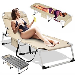Barbella Tanning Chair 3 in 1 Beach Lounge Chair with Face Hole, Heavy Duty Folding Chaise Lounge Chairs, Oversized 5-Position Folding Cot with Mat for Beach, Pool, Lawn, Yard, Patio, Khaki Gray