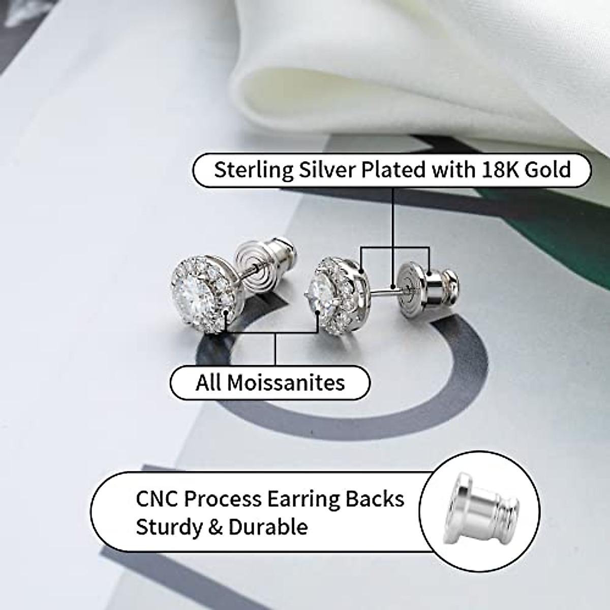 Ladylike Moissanite Halo Earrings 1.0ct 925 Sterling Silver Moissanite Stud Earring D Color VVS1 18K White Gold Plated Women's Stud Earrings
