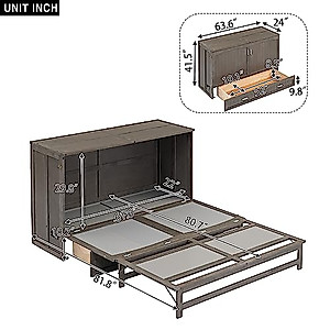DEYOBED Wooden Queen Size Murphy Bed Frame, Folding Sofa Beds with Bilt-in Charging Station and Large Drawer, Space Saving, Antique Gray