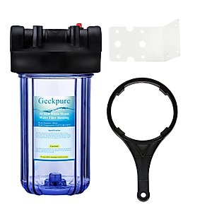 Geekpure 10 Inch Big Clear Water Filter Housing for Whole House Water Filtration with Wrench Bracket -1" Port-4.5" x 10"