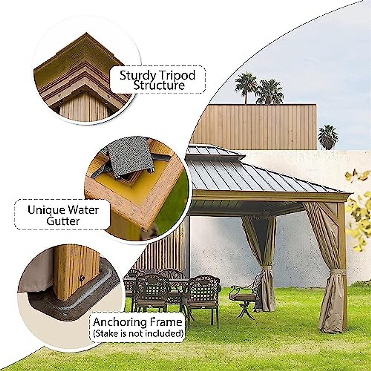 12'x14' Hardtop Gazebo, Wooden Coated Aluminum Frame Canopy with Galvanized Steel Double Roof, Outdoor Permanent Metal Pavilion with Curtains and Netting for Patio, Deck and Lawn(Wood-Looking)