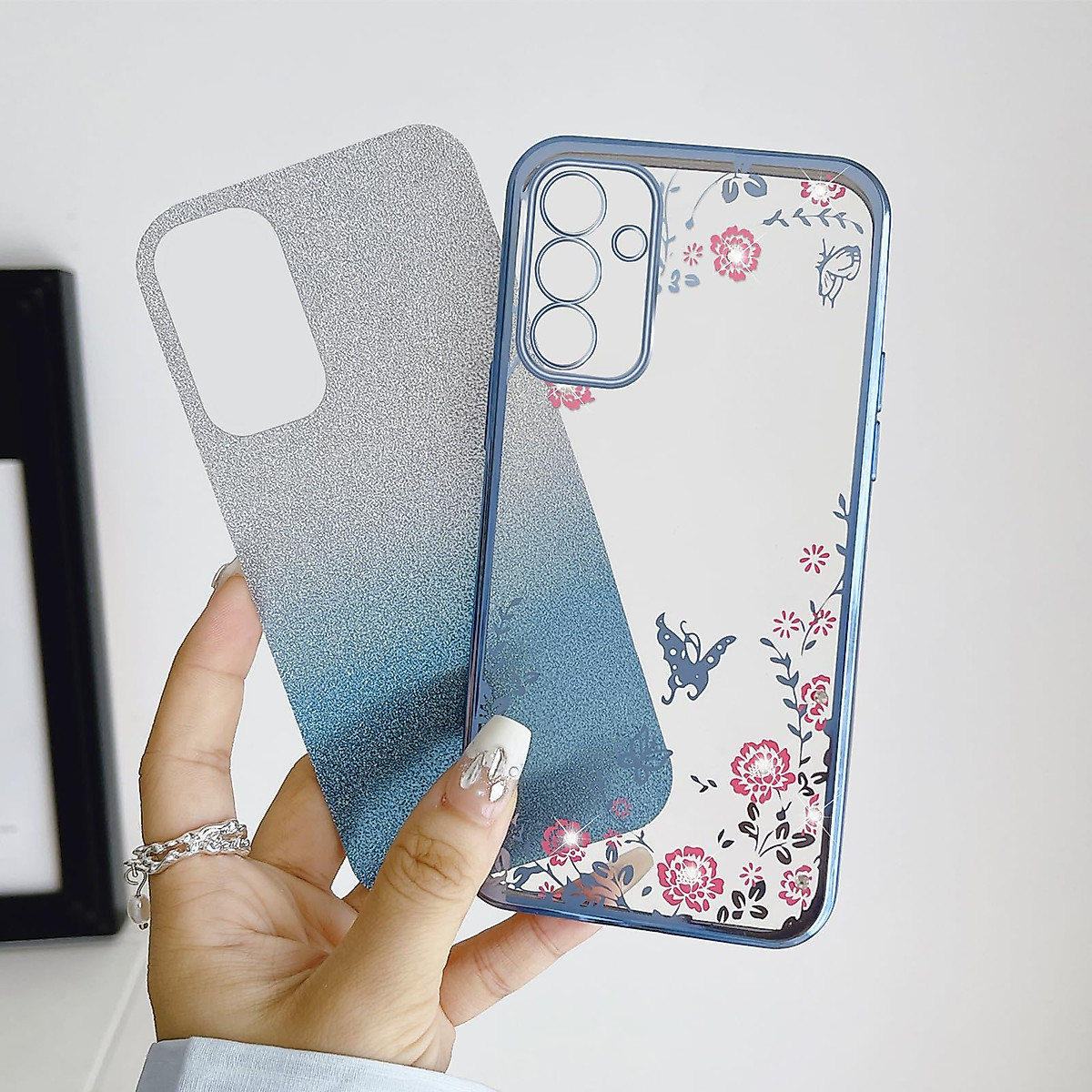 for Samsung Galaxy A13 5G Case, A13 Phone Case for Women Gradual Change Glitter Crystal TPU Stylish Butterfly Floral Heart Clear Protective Cover with Strap for Samsung Galaxy A13 5G (Sierra Blue)