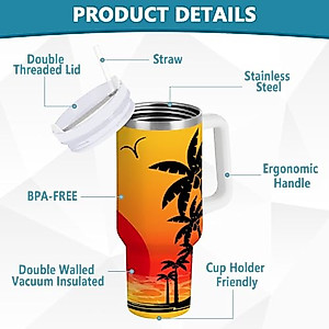 DIGTIA Stainless Steel Insulated Tumbler w/Handle & Straw, Sunset Trees Double Wall Vacuum Travel Coffee Mug Cup w/Lid, Leak-Proof Sports Seabirds Water Bottle,40oz