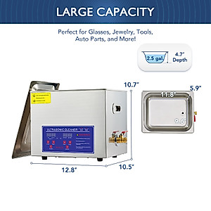 CREWORKS Ultrasonic Cleaner with Digital Timer & Heater, Portable 10L Ultrasonic Cavitation Machine, 304 Stainless Steel Professional Sonic Cleaning Machine for Jewelry Circuit Boards Auto Parts More