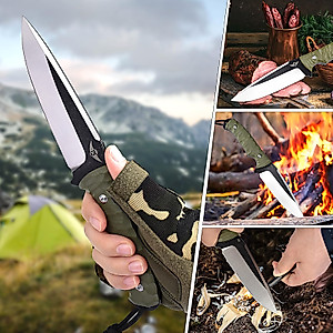 KOMWERO Fixed Blade Knife with Kydex Sheath, 4.52" Blade D2 Steel, Full Tang Knife with Green G10 Handle, Outdoor Hunting Camping Knife for Survival Hiking Bushcraft Fishing