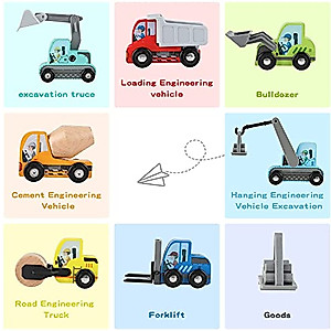 umu Construction Toy Cars 7 PCS Wooden Kids Mini Vehicles for Toddlers, Compatible to Thomas Train Toys Railway and Major Brands, Best for 3 to 5 Year Old Boys and Girls