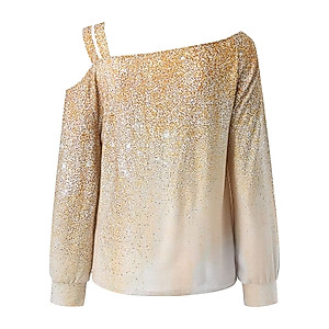 Women Long Sleeved T Shirt Jacket Tops Marbled Open Shoulder T Shirts Tops Long Sleeve Sequins T Shirt (Beige #1, XXL)