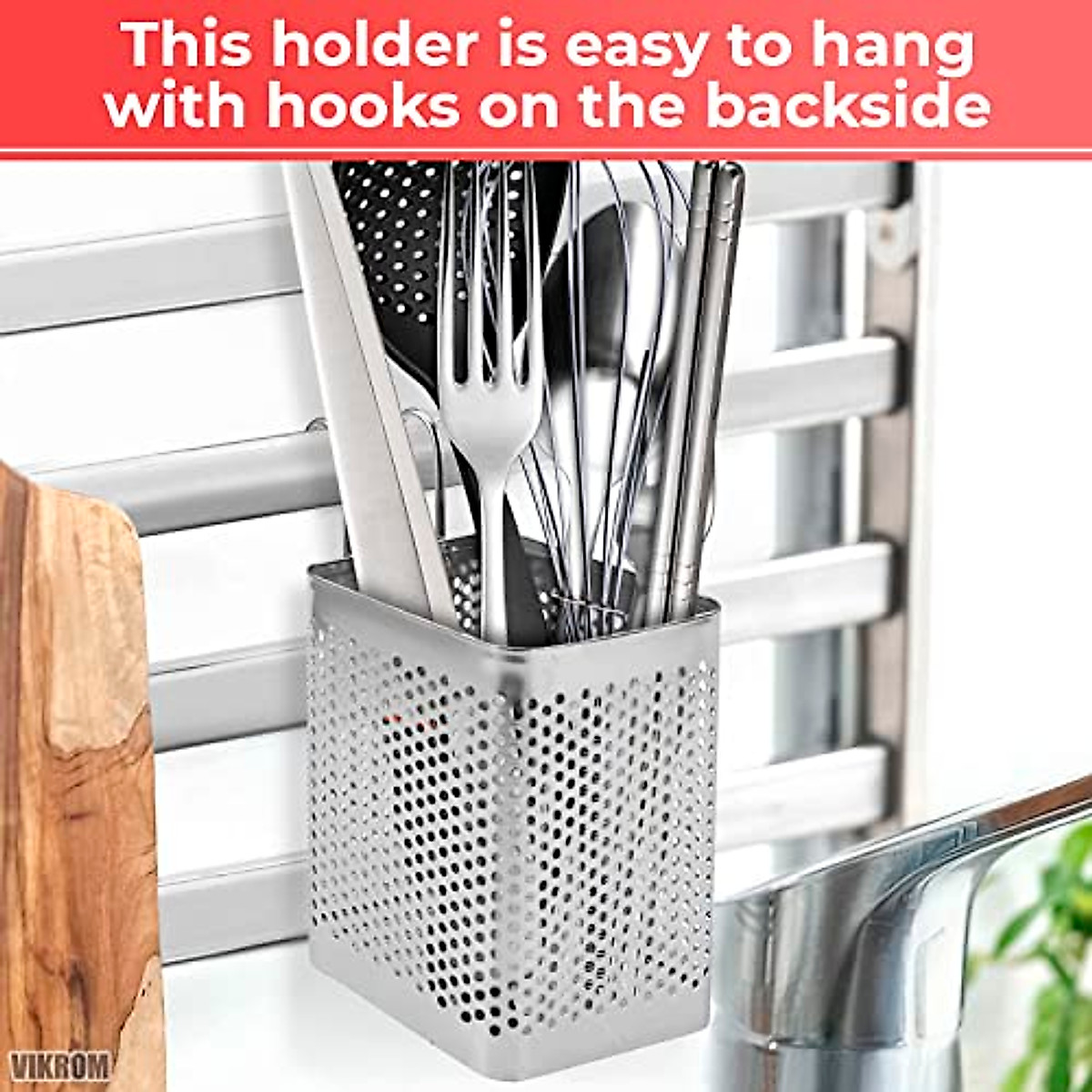 Stainless Steel Utensil Holder for Kitchen Counter - Perforated Kitchen Utensil Holder for Countertop Chopstick Spoon Spatula Holder Dryer Rack with Hooks - Utensil Caddy for Cooking Utensils Holder
