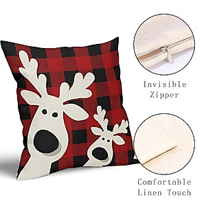 Deer Christmas Pillow Covers 16X16 Inch Xmas Reindeer Black Red Buffalo Plaid Checkered Couch Pillow Cases Set of 2 Winter Holiday Cotton Cushion Case Farmhouse Home Decor For Bed Sofa Couch Room