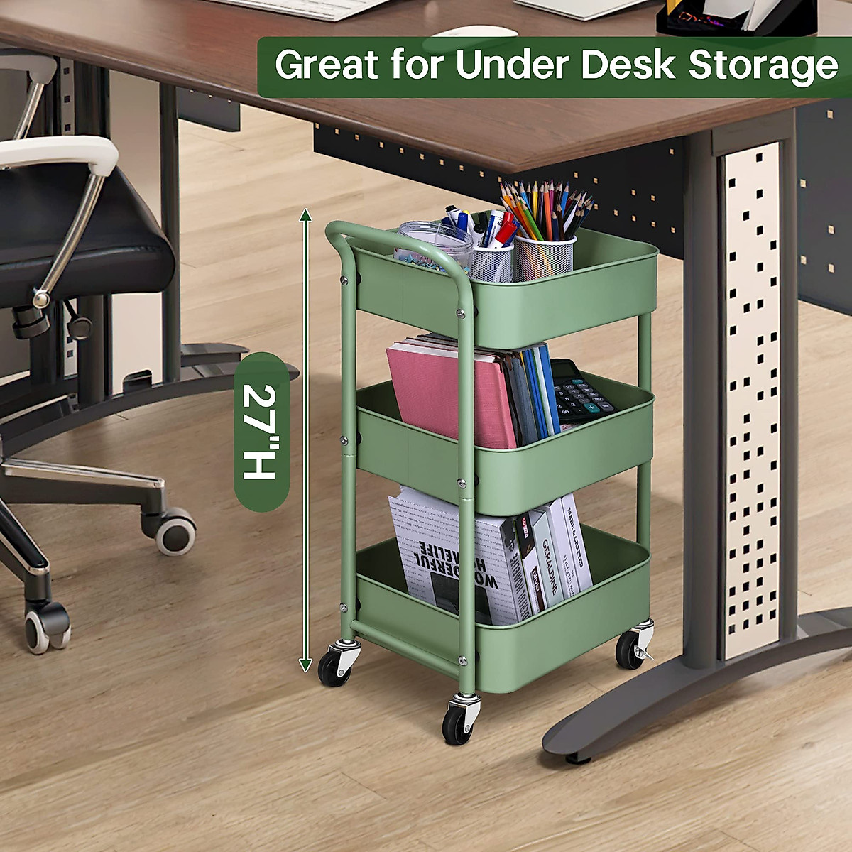 AOODA 3 Tier Under Desk Rolling Cart with Handle and Lockable Wheels, 27'' Height Small Metal Book Cart Mobile Art Cart Rolling Storage Organizer for Office, Kitchen, Bathroom (Aqua Green)