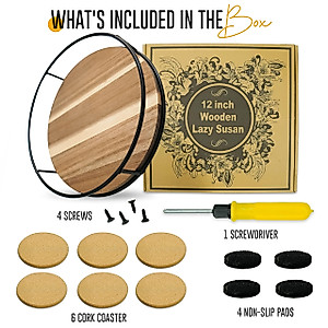 DECORSTATION Wooden Lazy Susan Organizer, 12.5 Inches - Round Lazy Susan for Table, Artistic Acacia Wood with Sturdy Black Steel Bar - 360 Degree Smooth Rotating – Suitable for Countertops & Cabinets