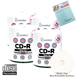 Smartbuy 400-disc 700mb/80min 52x CD-R White Top Blank Recordable Disc + Free Micro Fiber Cloth