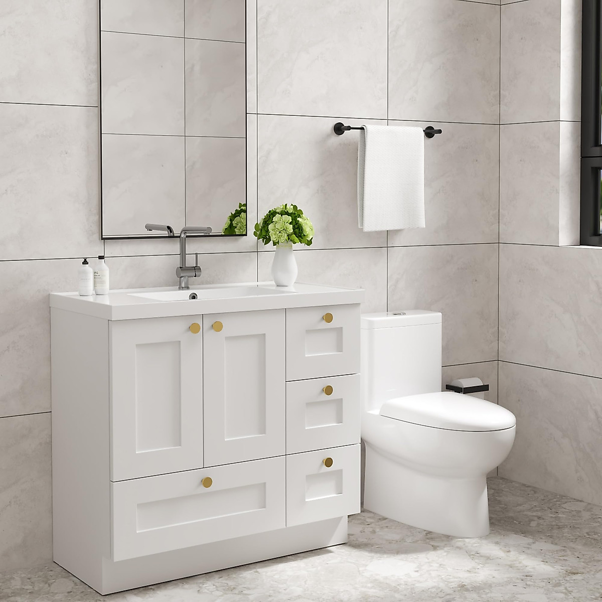 JPND White Shaker Style 36" Bathroom Vanity with Sink Top, Wooden Double Door Bathroom Storage Vanity with Soft-Close Door and 4 Drawers (Faucet and Knobs Not Included)