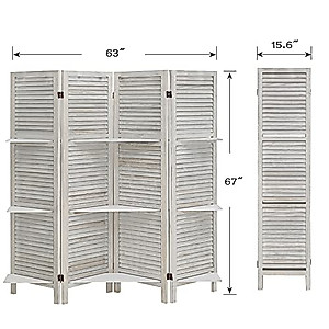 Babion Room Divider with Shelves, Wooden Room Divider Wall, 4 Panel Folding Privacy Screens, Freestanding Room Partition for Office Kitchen Bedroom Balcony (Pure White)