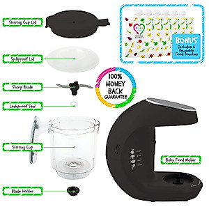 EVLA'S Baby Food Maker, Food Processor, Blender, Grinder, Steamer for Healthy, Homemade Food with 6 Reusable Pouches and Baby Feeding Set, Dark Gray & Turquoise