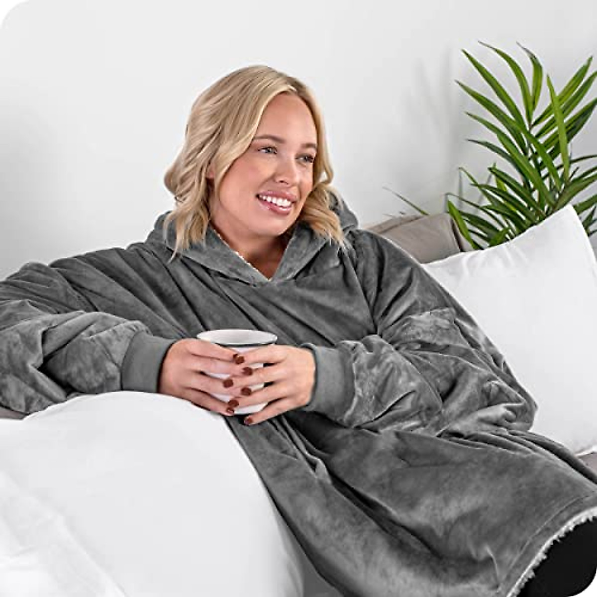 Bare Home Sherpa Fleece Wearable Blanket - Oversized Wearable Blanket Hoodie - Adult Size - Warm & Cozy - Soft Plush Blanket - Comfortable Blanket Sweatshirt with Dual-Sided Pocket (Adult, Grey)