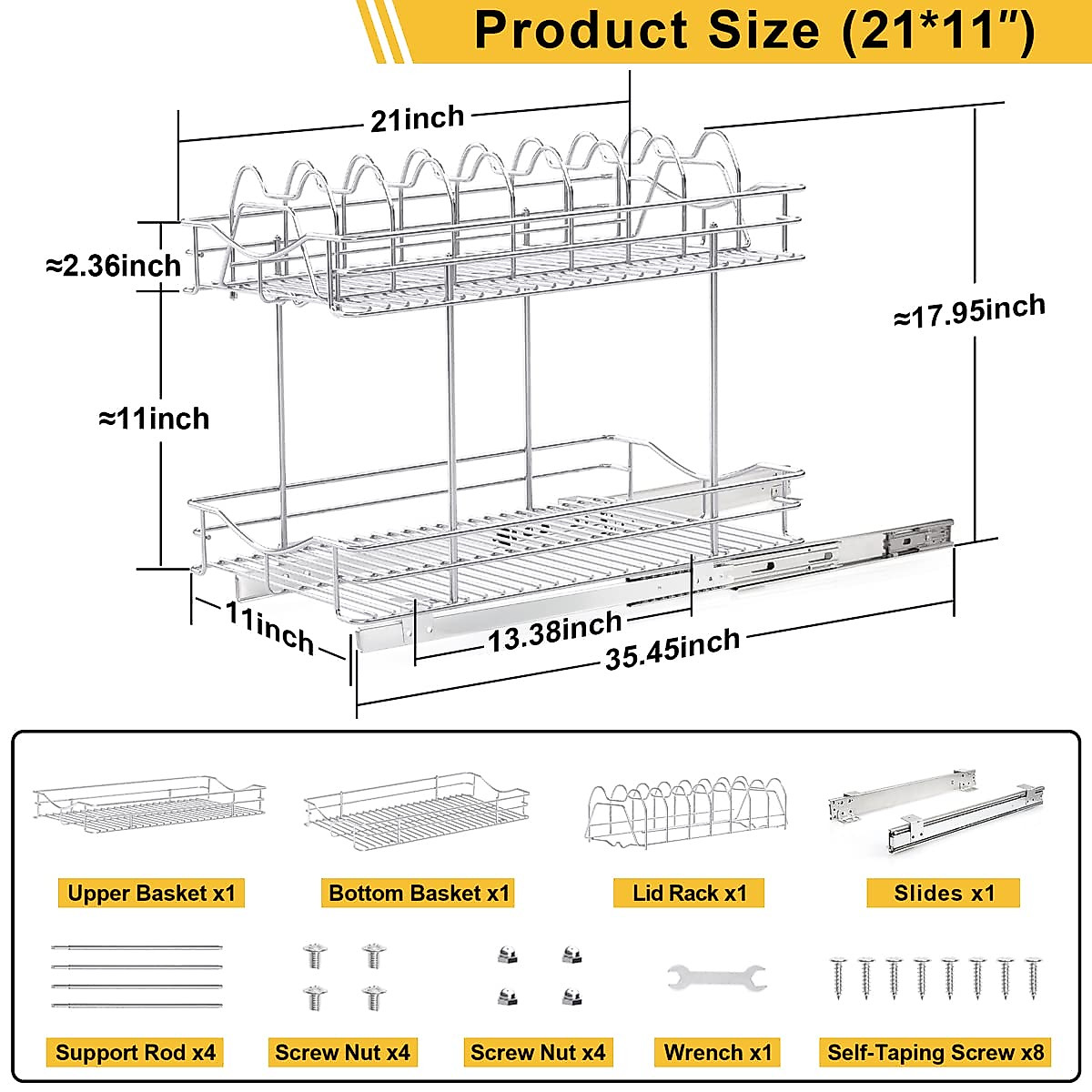 FULGENTE Pull Out Cabinet Drawer Organizer for Lid Cookware 11" W x 21" D 2 Tier Slide Out Kitchen Shelves Storage for Pots and Pans Roll Out Pot Top Shelf for Cabinet Wire Frame Chrome Finish
