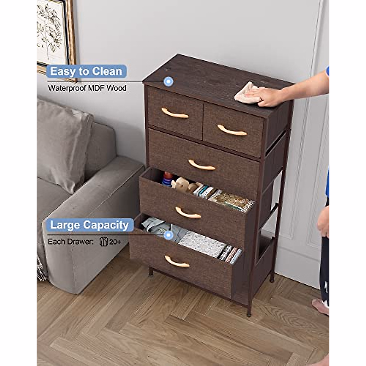 Crestlive Products Vertical Dresser Storage Tower - Sturdy Steel Frame, Wood Top, Easy Pull Fabric Bins, Wood Handles - Organizer Unit for Bedroom, Hallway, Entryway, Closets - 6 Drawers (Brown)