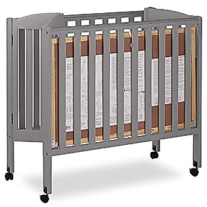 Dream On Me 3 in 1 Portable Folding Stationary Side Crib in Steel Grey, Greenguard Gold Certified, Safety Wheels with Locking Casters, Convertible, 3 Mattress Heights