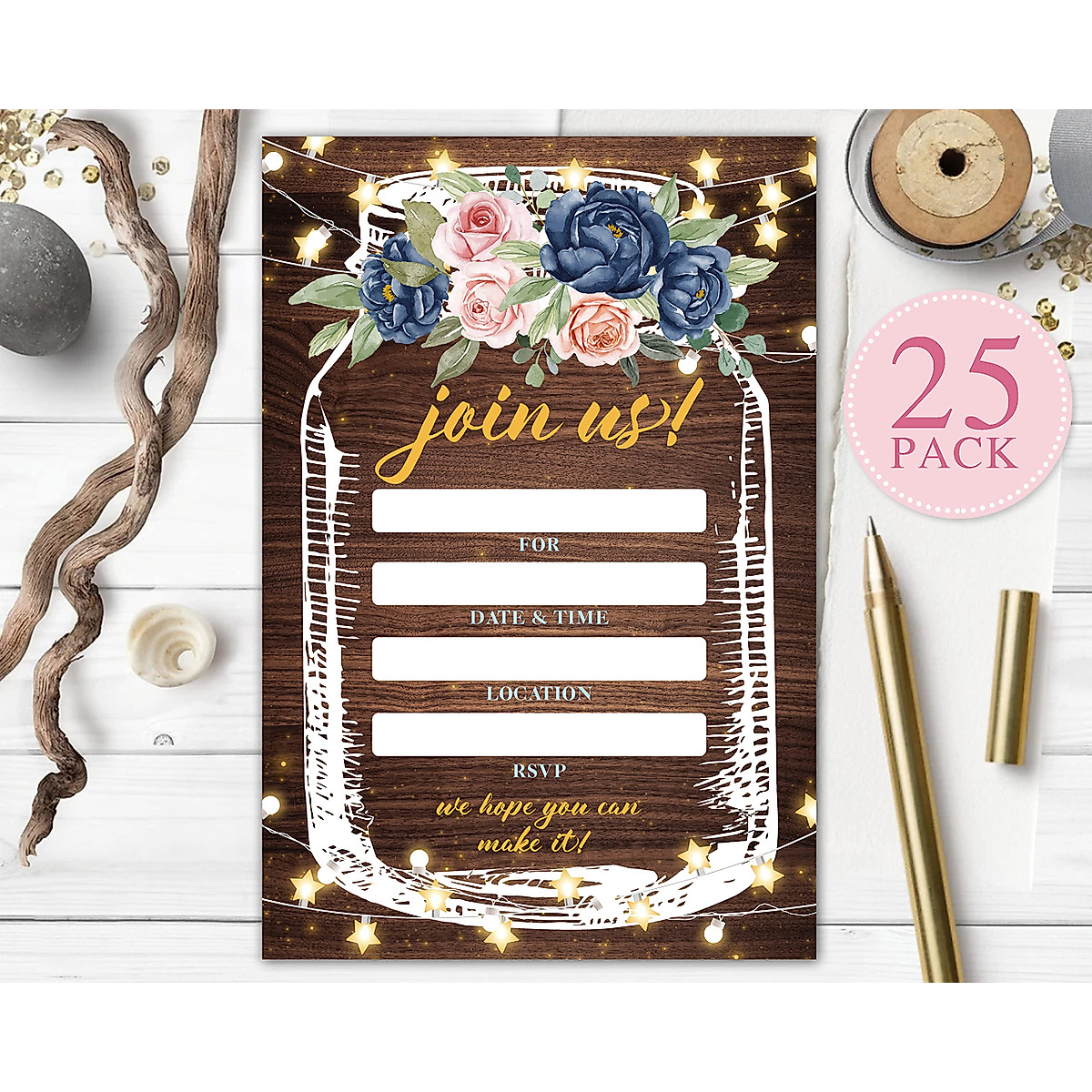 Rustic Wood Bridal Shower Invitations, Pink Floral Bridal Shower Party Invites Cards for Engagement Party, Wedding Party, Bridal Shower Party, Set of 25 Invitations & 25 Envelopes (A08)