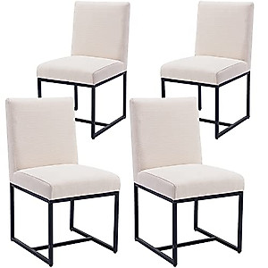 Set of 4 Linen Upholstered Dining Room Chair, Mid Century Modern Fabric Chair for Dining Room, with Black Metal Frame, Cream