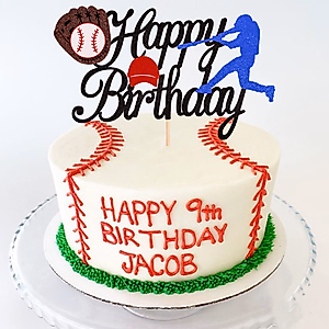 1 PCS BaseBall Happy Birthday Cake Topper Glitter Baseball Player Sports Theme Cake Pick Decorations for Baseball Theme Baby Shower Kids Birthday Party Cake Decorations Supplies