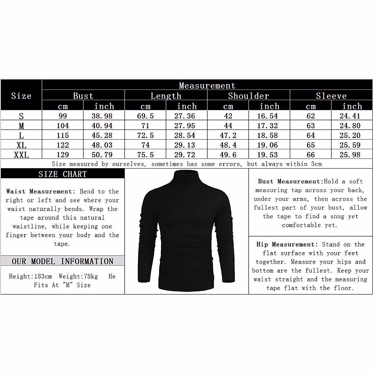 Mens Lightweight Long Sleeve Turtleneck Top Pullover Slim Fit Sweater Black L