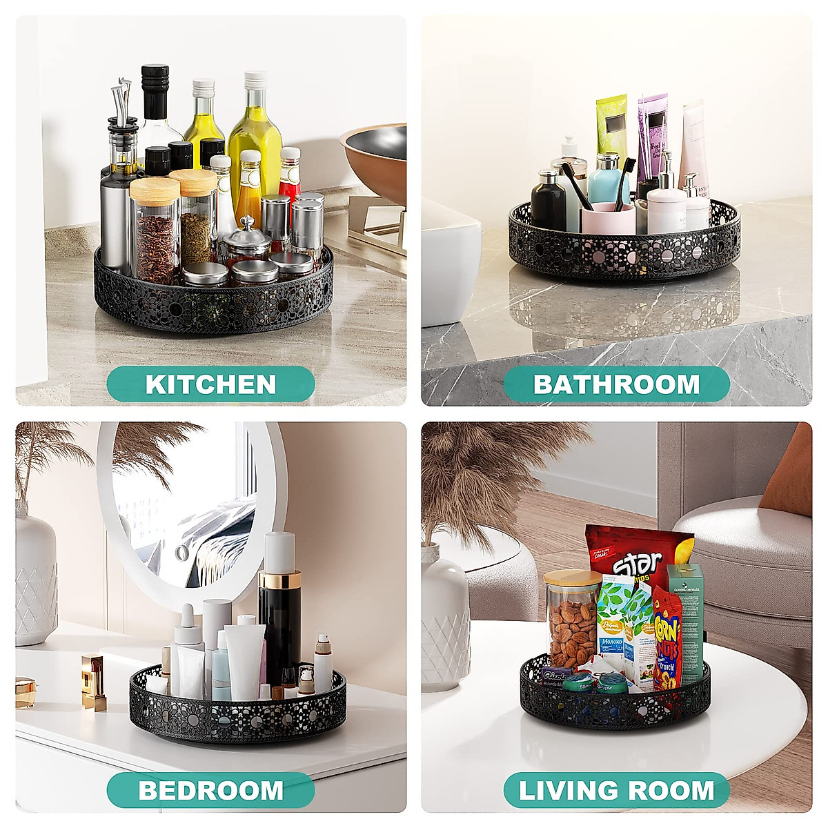 Lazy Susan Organizer, 12 Inch Lazy Susan Turntable for Cabinet Table, PHINOX Turntable Organizer Lazy Susan Spice Rack with Non-Slip Pad, Large Lazy Susan for Kitchen Bathroom Pantry Vanity (Metal)